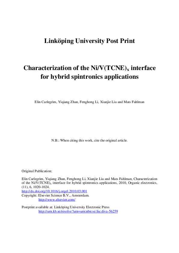 (PDF) Characterization of the Ni/V(TCNE)x interface for hybrid spintronics applications