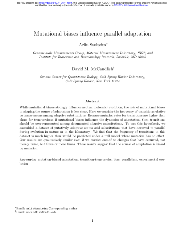 (PDF) Mutational biases influence parallel adaptation | Arlin Stoltzfus ...
