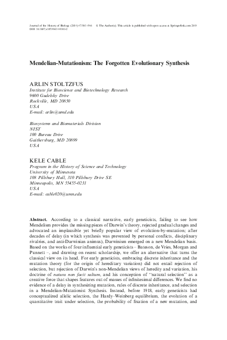 (PDF) Mendelian-Mutationism: The Forgotten Evolutionary Synthesis
