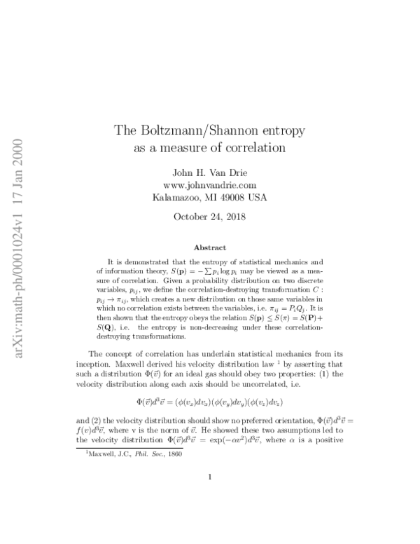 (PDF) The Boltzmann/Shannon entropy as a measure of correlation