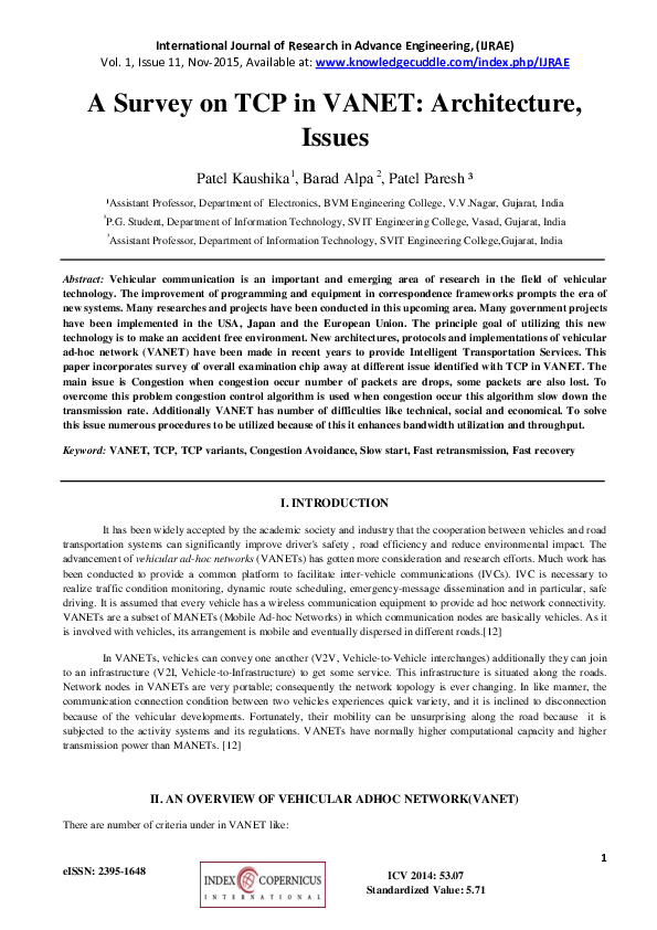 Pdf A Survey On Tcp In Vanet Architecture Issues