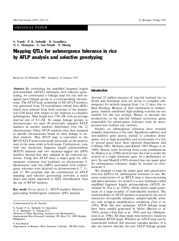 (PDF) Mapping QTLs for submergence tolerance in rice by AFLP analysis and selective genotyping