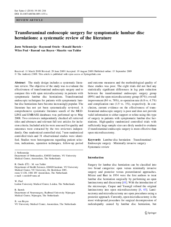 (PDF) Transforaminal endoscopic surgery for symptomatic lumbar disc ...