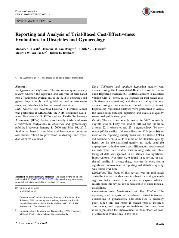 (PDF) Reporting and Analysis of Trial-Based Cost-Effectiveness Evaluations in Obstetrics and ...