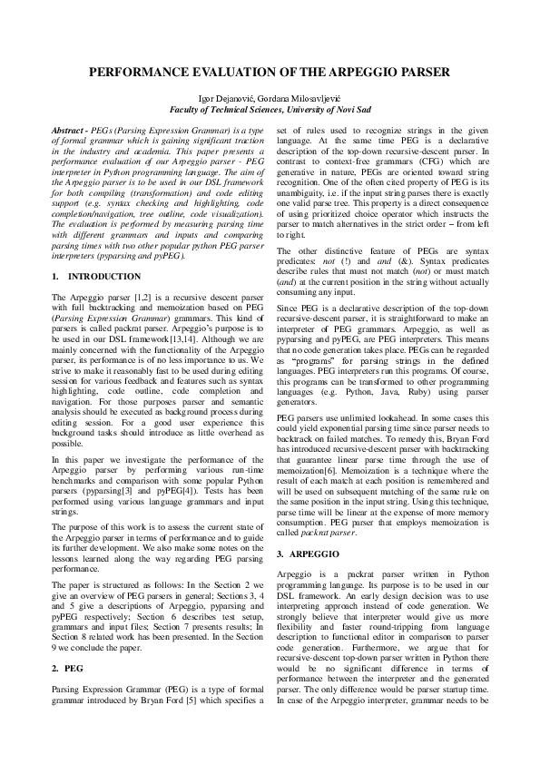 Pdf Performance Evaluation Of The Arpeggio Parser