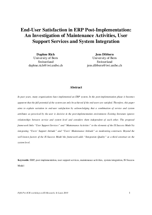 (PDF) End-User Satisfaction in ERP Post-Implementation: An Investigation of Maintenance ...