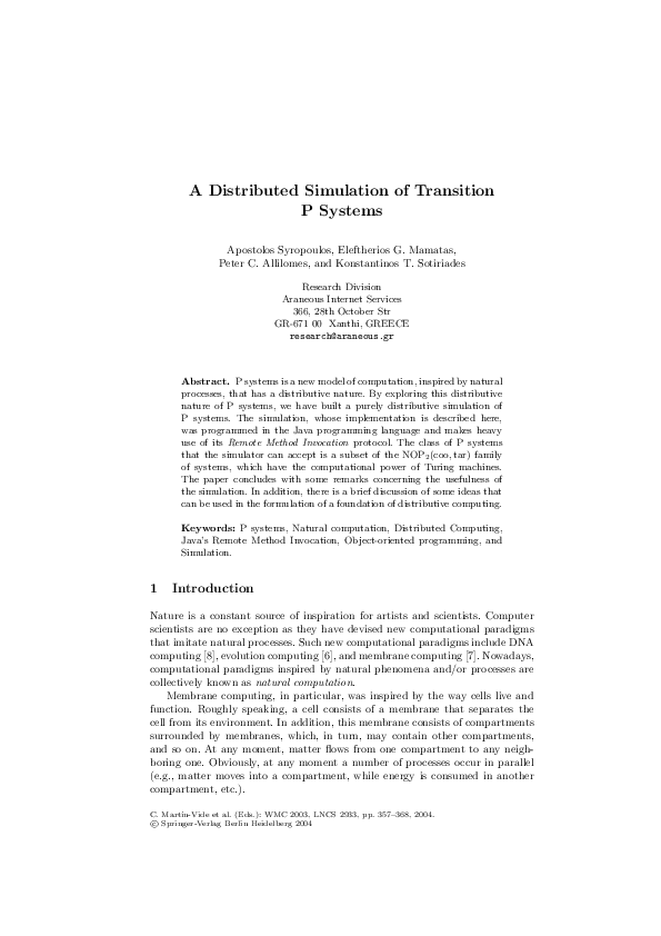 Pdf A Distributed Simulation Of Transition P Systems