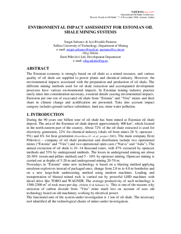 (PDF) Environmental Impact Assessment for Estonian Oil Shale Mining Systems
