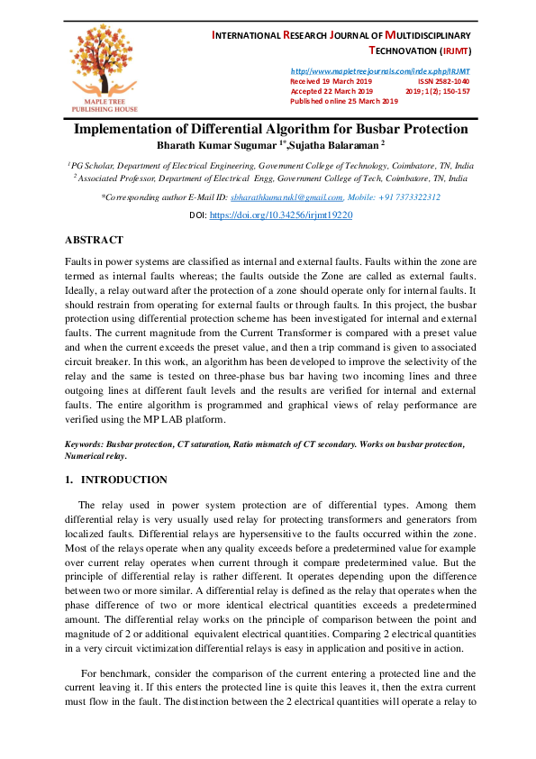 Pdf Implementation Of Differential Algorithm For Busbar Protection