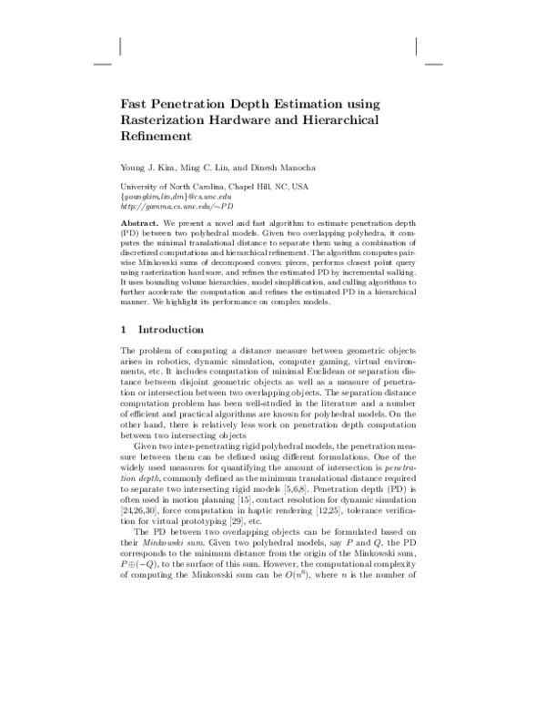 (PDF) Fast penetration depth computation using rasterization hardware and hierarchical refinement