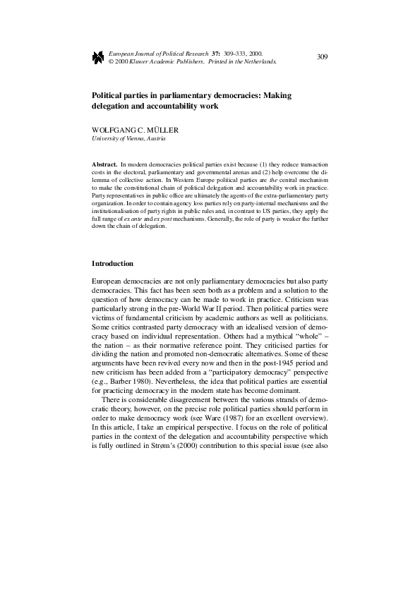 (PDF) Political parties in parliamentary democracies: Making delegation ...