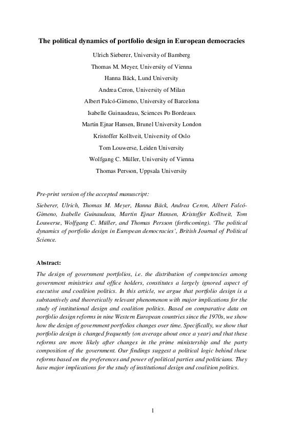 (PDF) The Political Dynamics of Portfolio Design in European Democracies