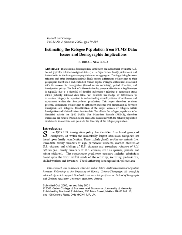 (PDF) Estimating the Refugee Population from PUMS Data: Issues and ...
