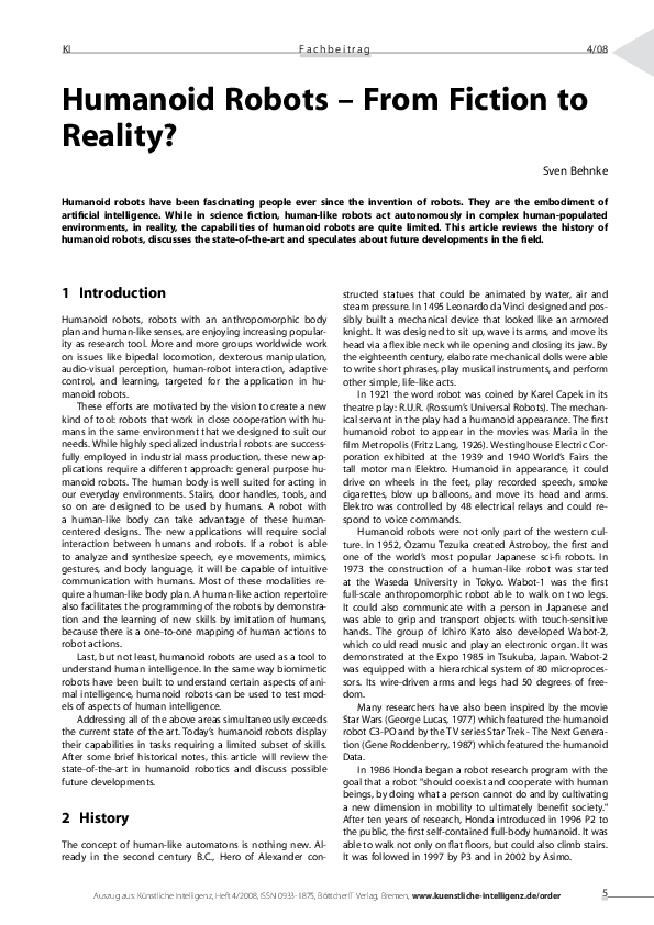 (PDF) Humanoid Robots From Fiction to Reality?