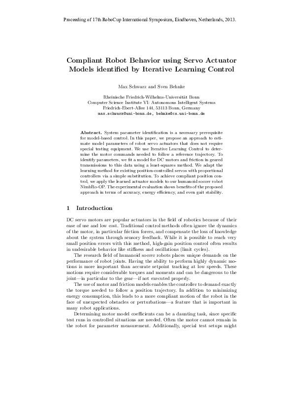 Pdf Compliant Robot Behavior Using Servo Actuator Models Identified By Iterative Learning Control