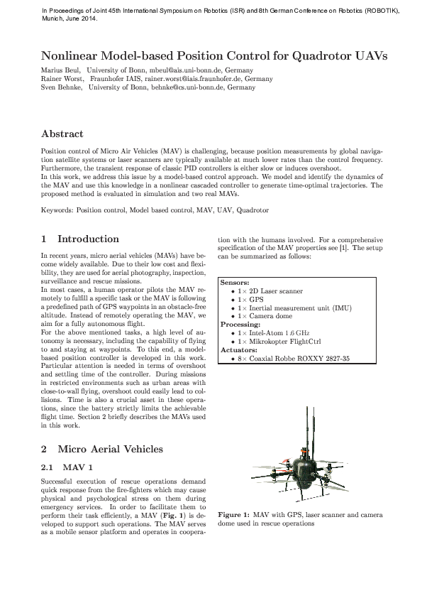 (PDF) Nonlinear Model-based Position Control for Quadrotor UAVs