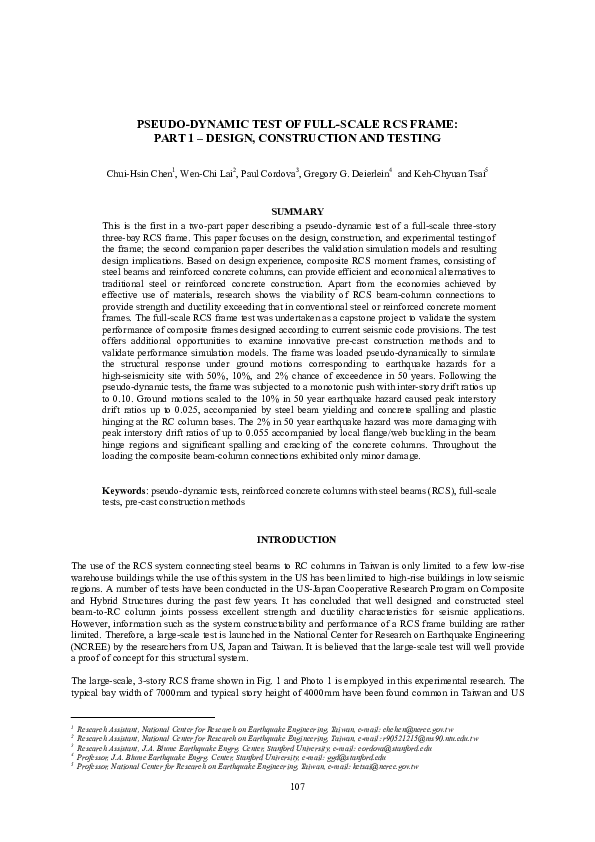 Pdf Pseudo Dynamic Test Of Full Scale Rcs Frame Part I Design Construction Testing