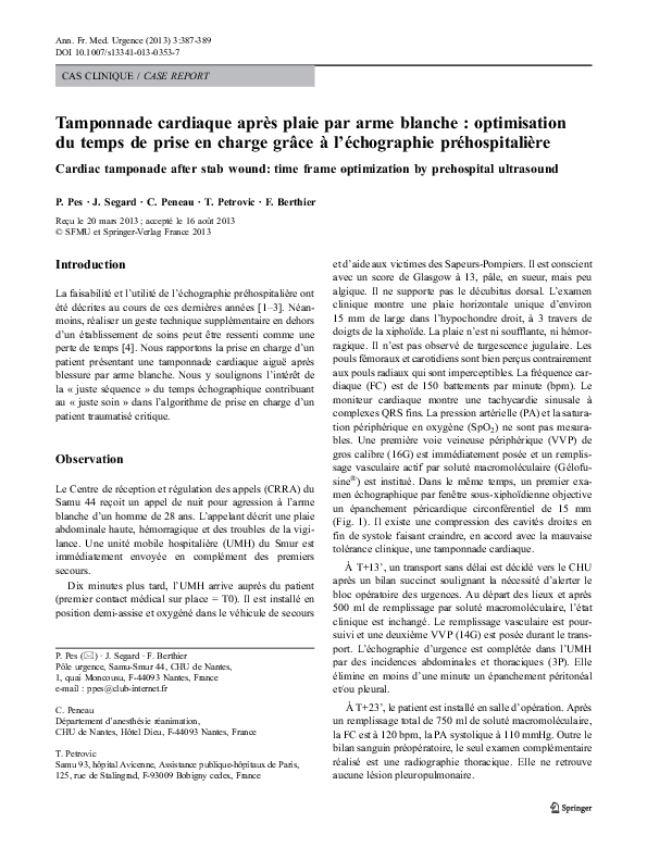 (PDF) Tamponnade cardiaque après plaie par arme blanche : optimisation ...