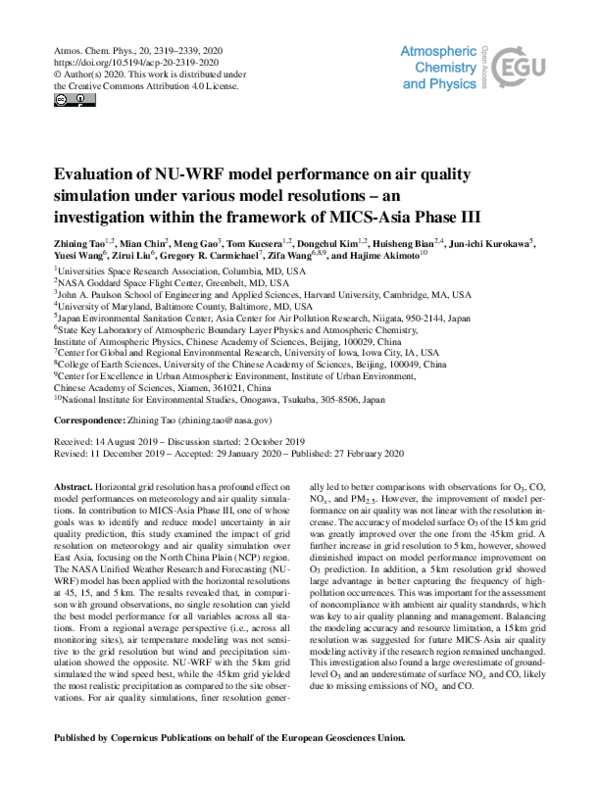 Pdf Evaluation Of Nu Wrf Model Performance On Air Quality Simulation Under Various Model