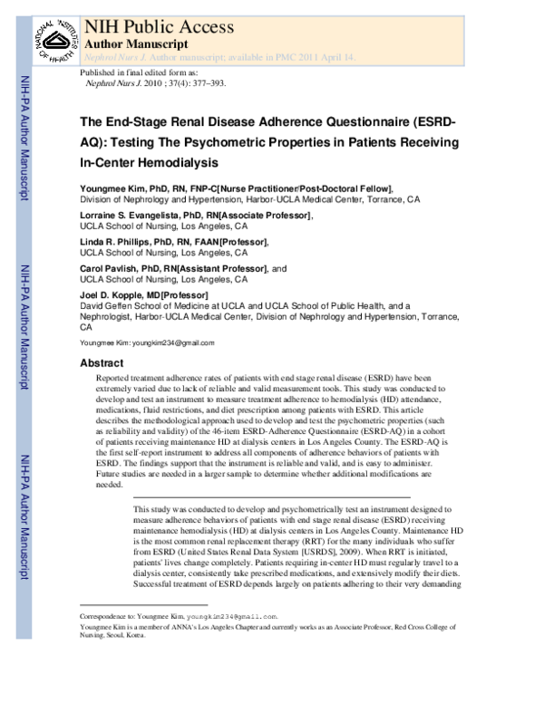 (PDF) The End-Stage Renal Disease Adherence Questionnaire (ESRD-AQ ...
