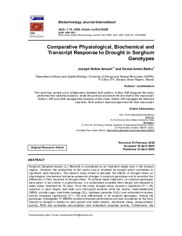 (PDF) Comparative Physiological, Biochemical and Transcript Response to Drought in Sorghum Genotypes
