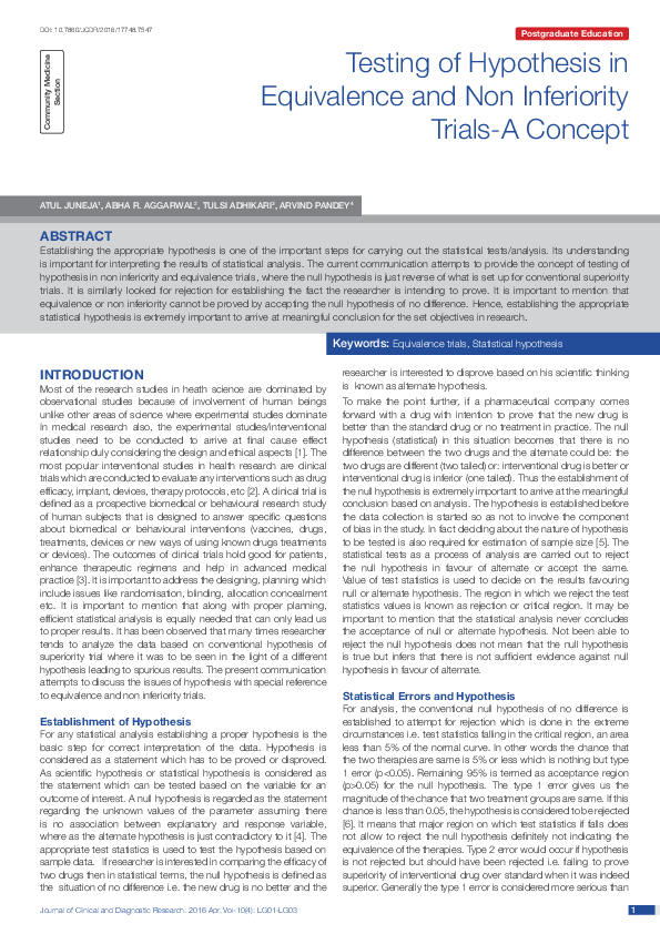 (PDF) Testing of Hypothesis in Equivalence and Non Inferiority Trials-A ...