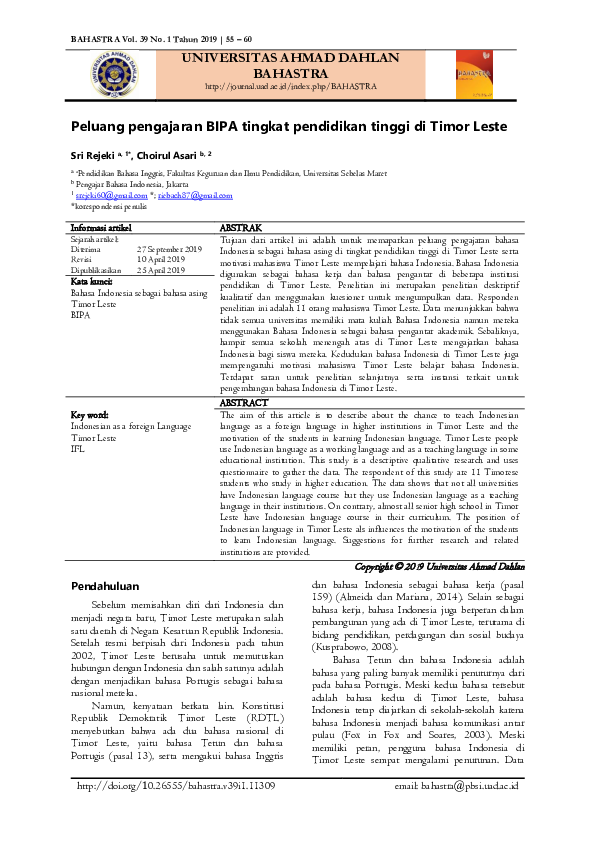 (PDF) Peluang pengajaran BIPA di tingkat pendidikan tinggi di Timor Leste