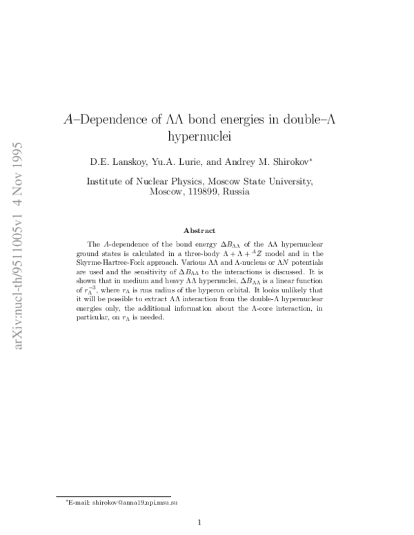 Pdf A Dependence Of Lambda Lambda Bond Energies In Double Lambda Hypernuclei A Shirokov 4358