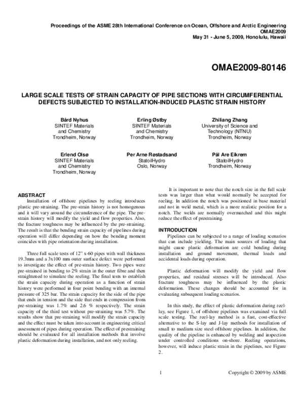 (PDF) Large scale tests of strain capacity of pipe sections with ...