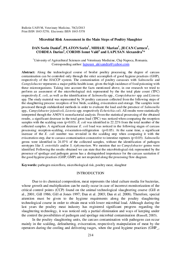 (PDF) Microbial Risk Assessment in the Main Steps of Poultry Slaughter