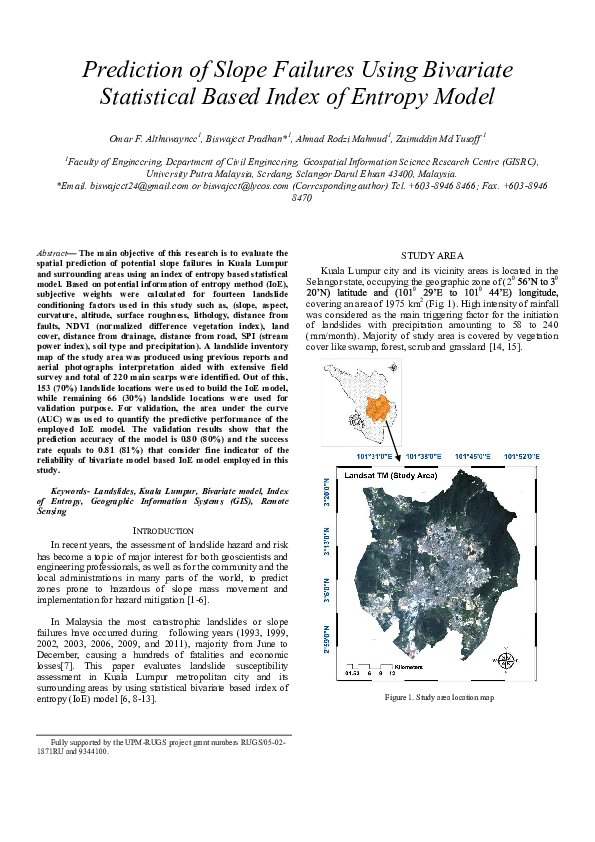 (PDF) Prediction of slope failures using bivariate statistical based index of entropy model ...
