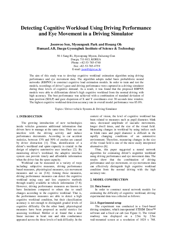 Pdf Detecting Cognitive Workload Using Driving Performance And Eye Movement In A Driving Simulator