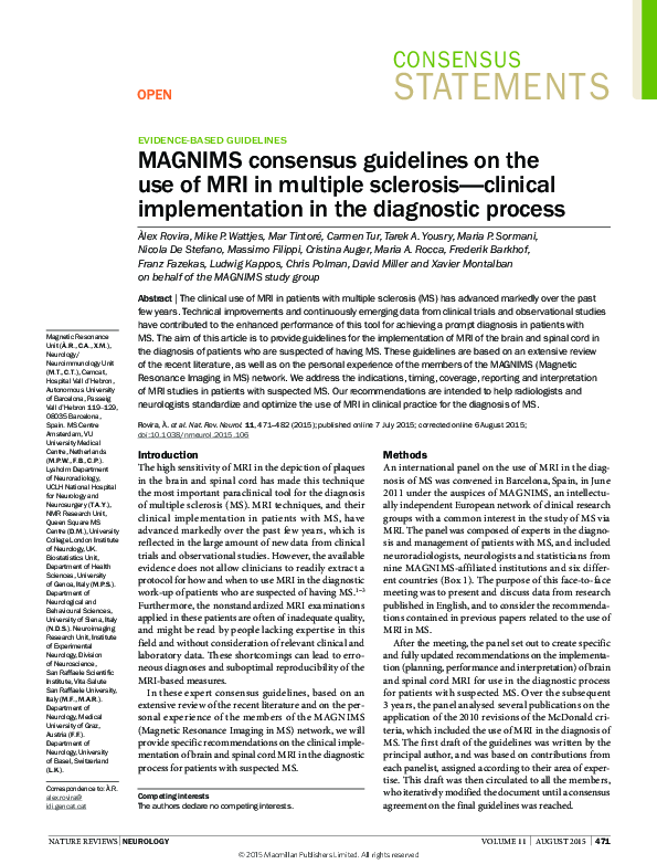 (PDF) Evidence-based guidelines: MAGNIMS consensus guidelines on the ...