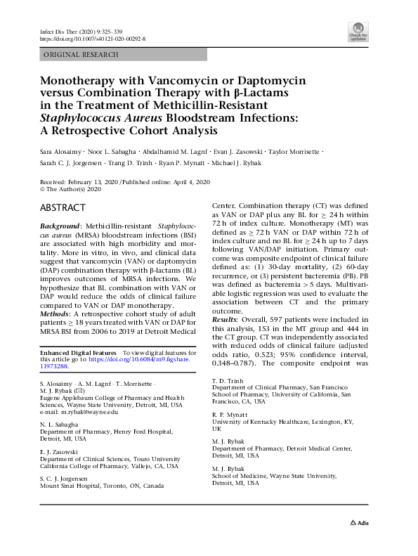(PDF) Monotherapy with Vancomycin or Daptomycin versus Combination ...