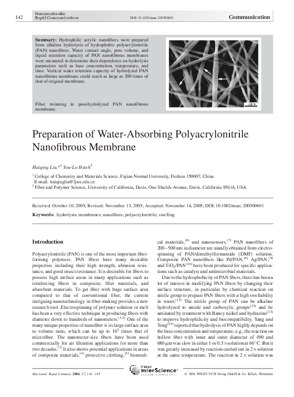 (PDF) Preparation of Water-Absorbing Polyacrylonitrile Nanofibrous Membrane