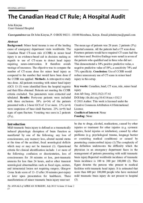 (PDF) The Canadian head CT rule; a hospital audit