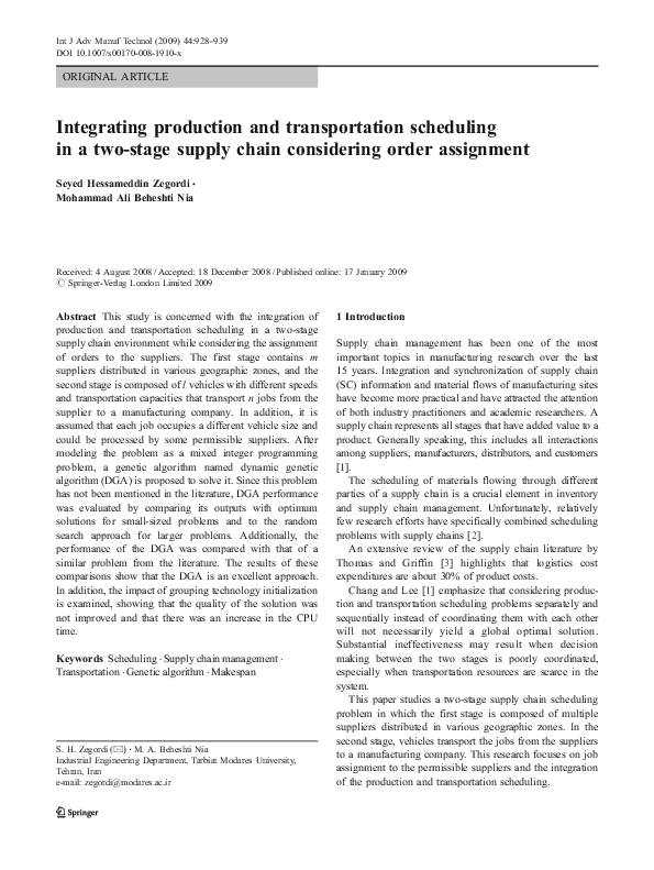 Pdf Integrating Production And Transportation Scheduling In A Two