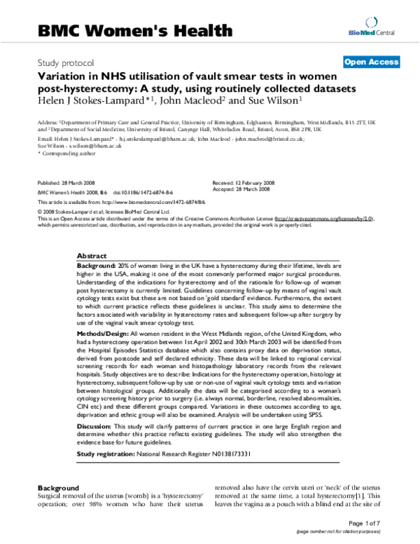 (PDF) Variation in NHS utilisation of vault smear tests in women post ...