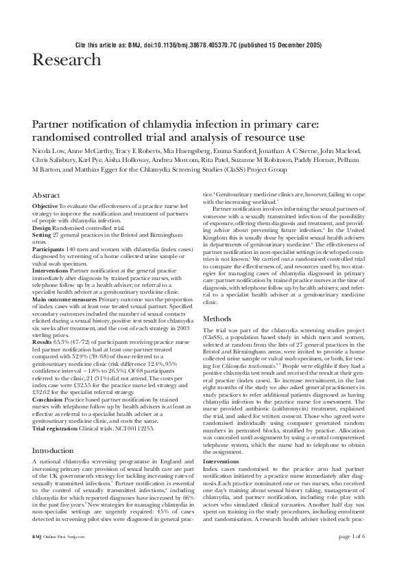 (PDF) Partner notification of chlamydia infection in primary care ...