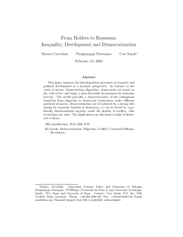 (PDF) From Hobbes to Rousseau: inequality, development and democratization