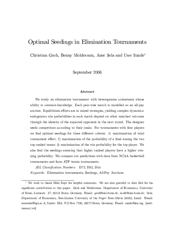 (PDF) Optimal seedings in elimination tournaments | Uwe Sunde ...