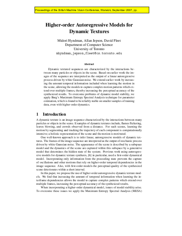 (PDF) Higher-order Autoregressive Models for Dynamic Textures