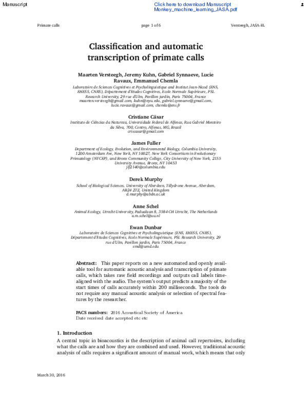 (PDF) Classification and automatic transcription of primate calls
