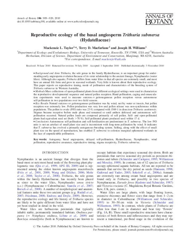 (PDF) Reproductive ecology of the basal angiosperm Trithuria submersa ...