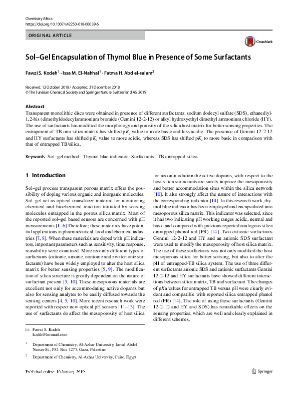 (PDF) Sol–Gel Encapsulation of Thymol Blue in Presence of Some Surfactants