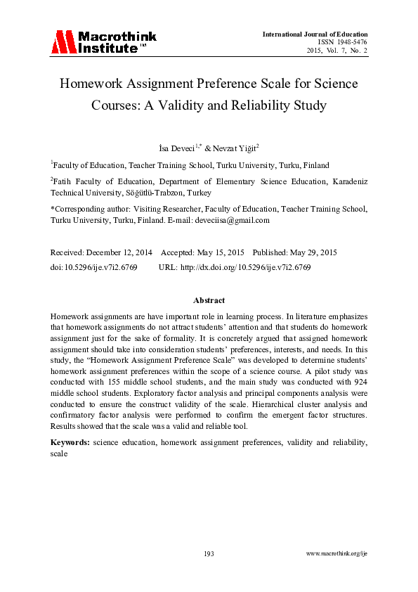 (PDF) Homework Assignment Preference Scale for Science Courses: A Validity and Reliability Study