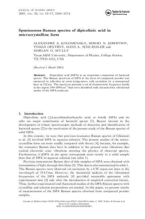(PDF) Spontaneous Raman spectra of dipicolinic acid in microcrystalline ...