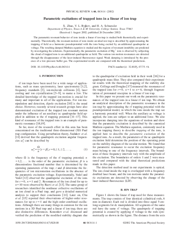 (PDF) Parametric excitations of trapped ions in a linear rf ion trap
