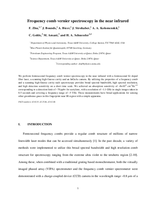 (PDF) Near infrared frequency comb vernier spectrometer for broadband ...