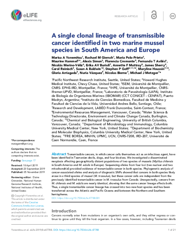 (PDF) A single clonal lineage of transmissible cancer identified in two ...
